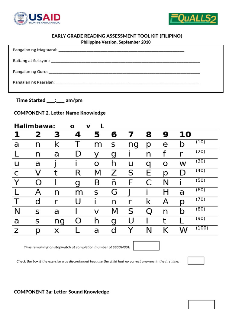 EGRA Toolkit for Grade 1 Assessment | PDF