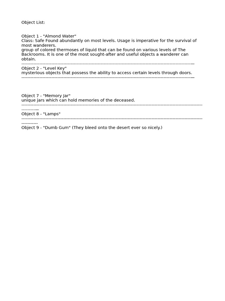 Backrooms Object Overview: Key Items | PDF