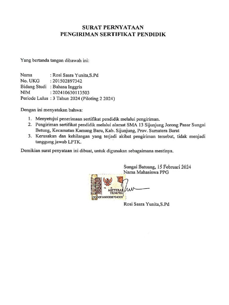Surat Pernyataan Pengiriman Sertifikat Pendidik (Rosi Sasra Yunita) | PDF