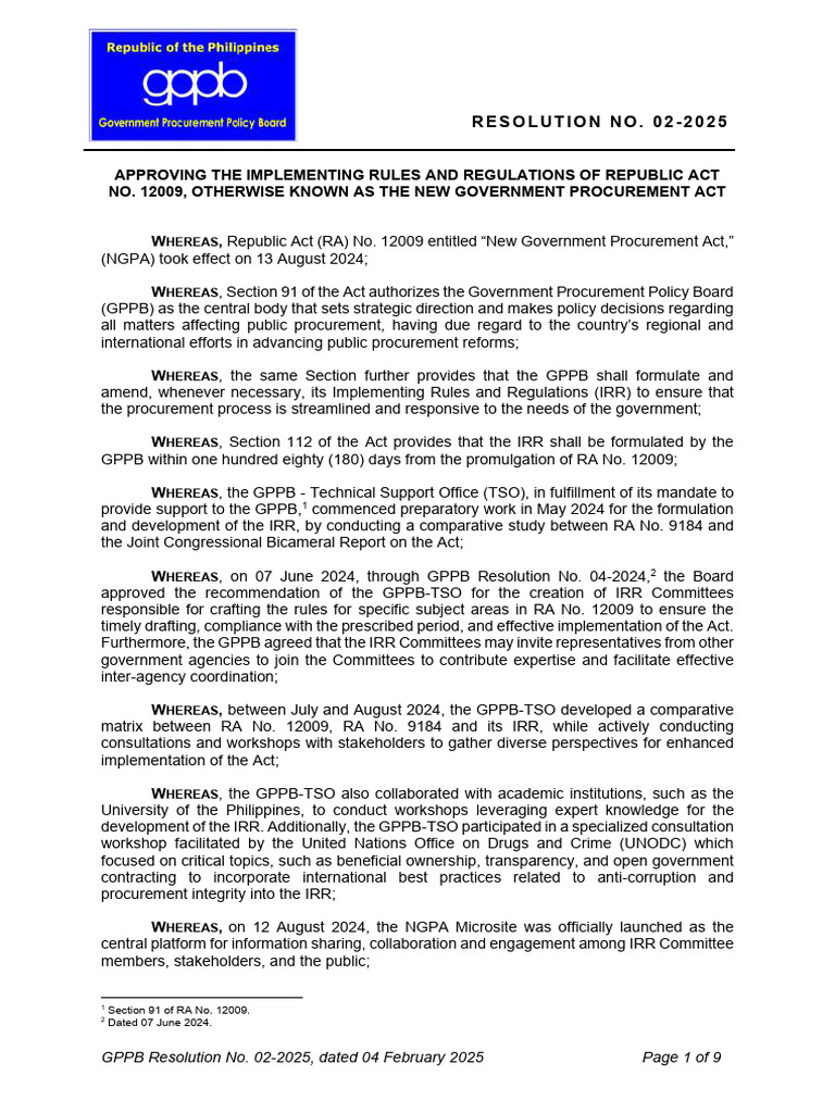 IRR RA 12009 Resolution No 02 2025 | PDF | Procurement | Government ...