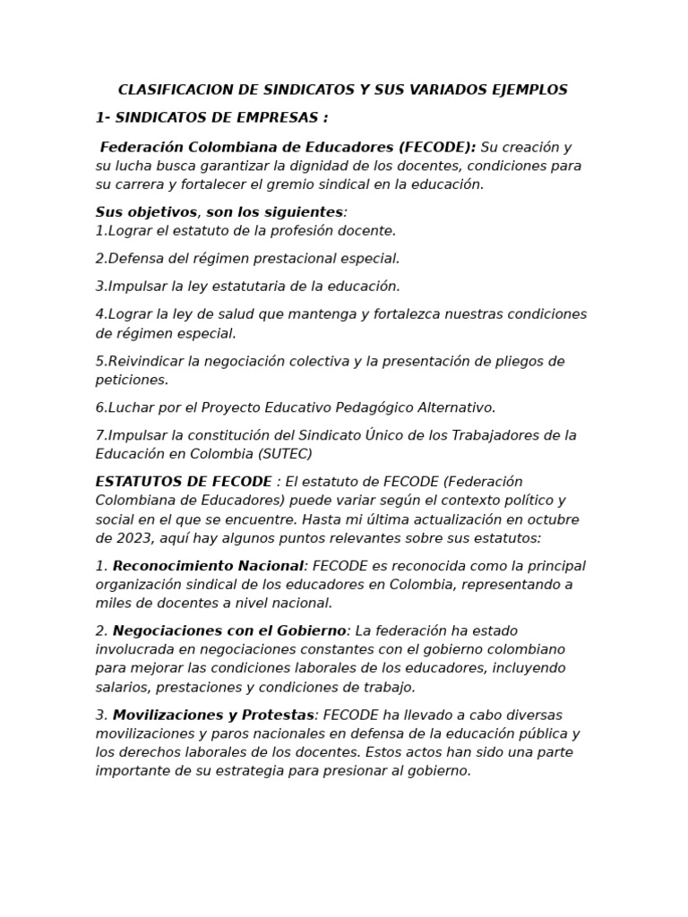 Clasificacion de Sindicatos y Sus Variados Ejemplos | PDF | Sindicato | Derecho laboral