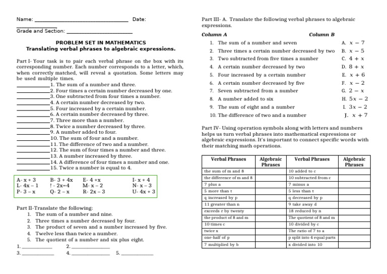 VERBAL PHRASE-PROBLEM SET | PDF | Numbers | Ratio