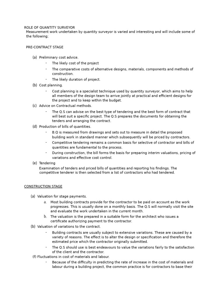 ROLE OF QUANTITY SURVEYOR SMM VRSN | PDF | Employment | Specification (Technical Standard)