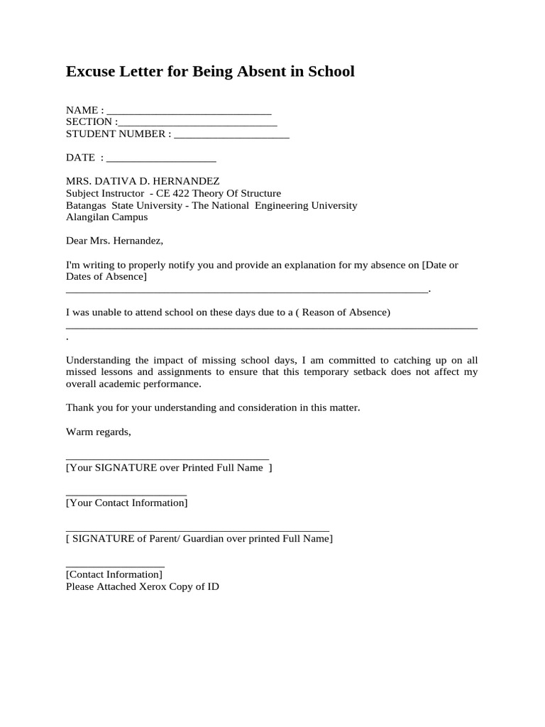 School Absence Excuse Letter Template | PDF
