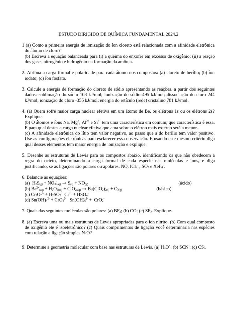 ESTUDO DIRIGIDO DE QUÍMICA FUNDAMENTAL | PDF