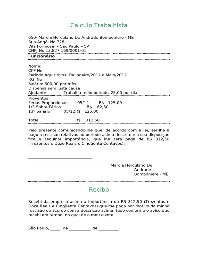 Calculo Trabalhista Marcia - Flordenice | PDF