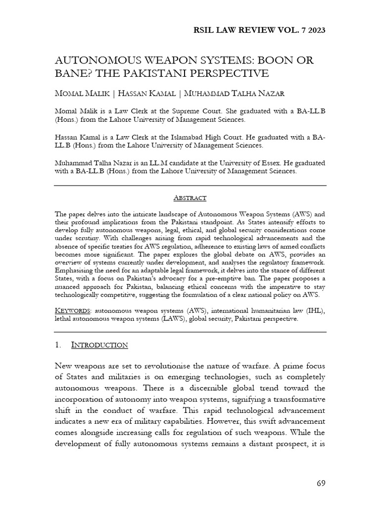 Autonomous Weapon Systems - Boon or Bane - The Pakistani Perspective ...