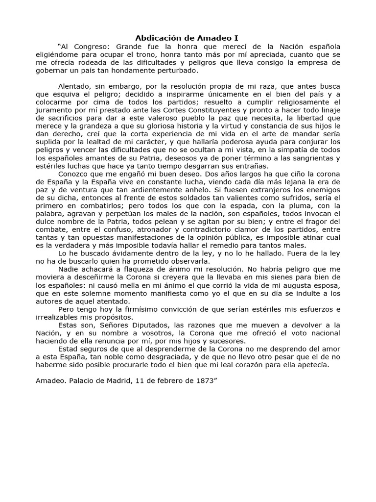 Texto Abdicación Amadeo de Saboya | PDF