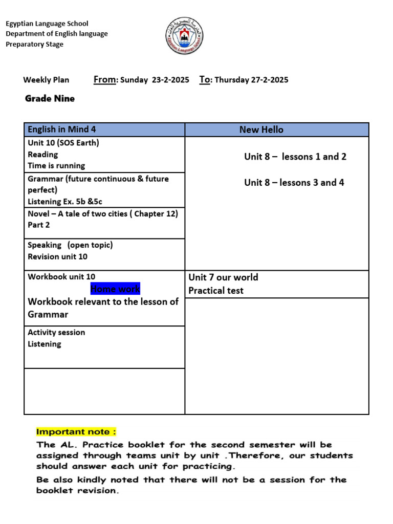 G9 - Weekly Plan (23-2-2025 To 27-2-2025) . | PDF