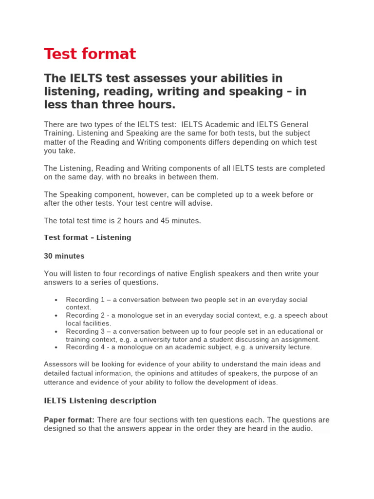 Test format | PDF | International English Language Testing System ...