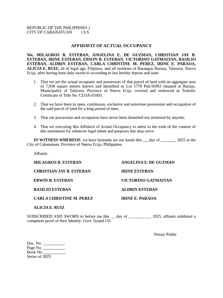 Affidavit of Actual Occupancy | PDF | Affidavit | Evidence
