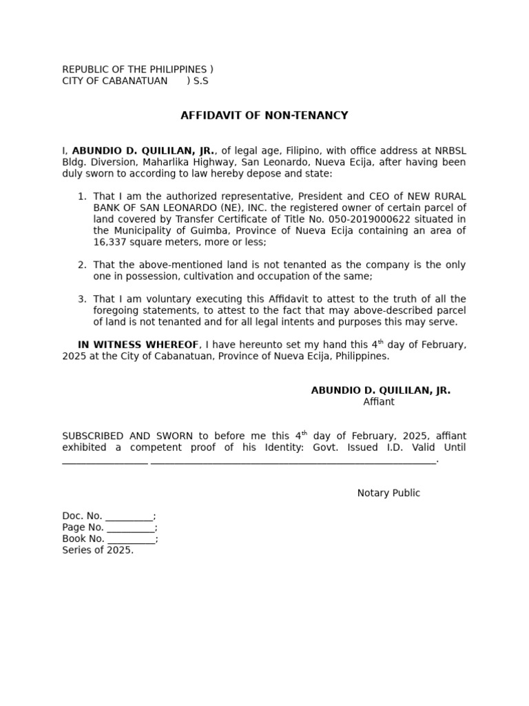 AFFIDAVIT OF NON-TENANCY -EDUARDO L. SANTILLANA | PDF
