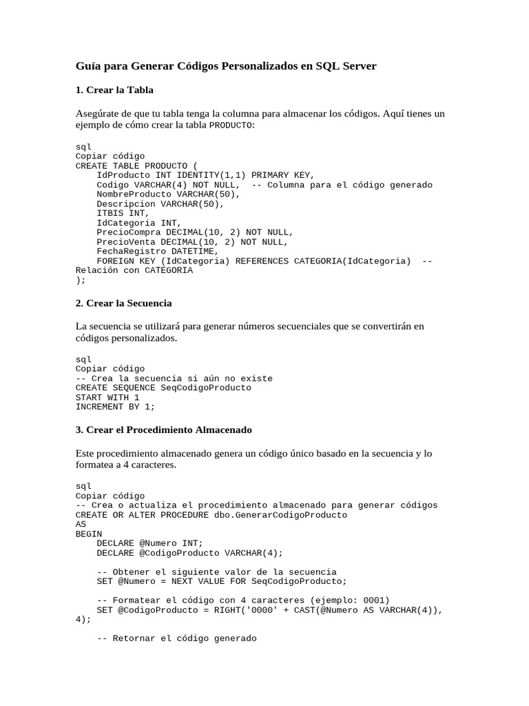 Generación de Códigos en SQL Server | PDF | SQL | Recuperación de información