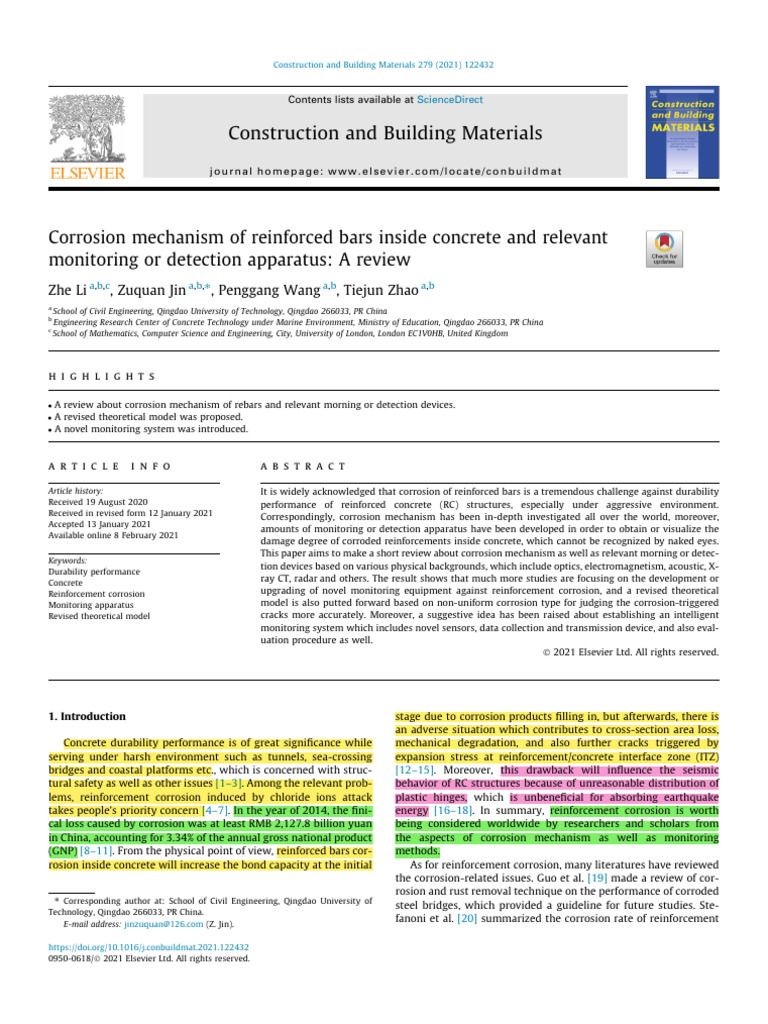 Corrosion Mechanism of Reinforced Bars Inside Concrete - 2021 ...