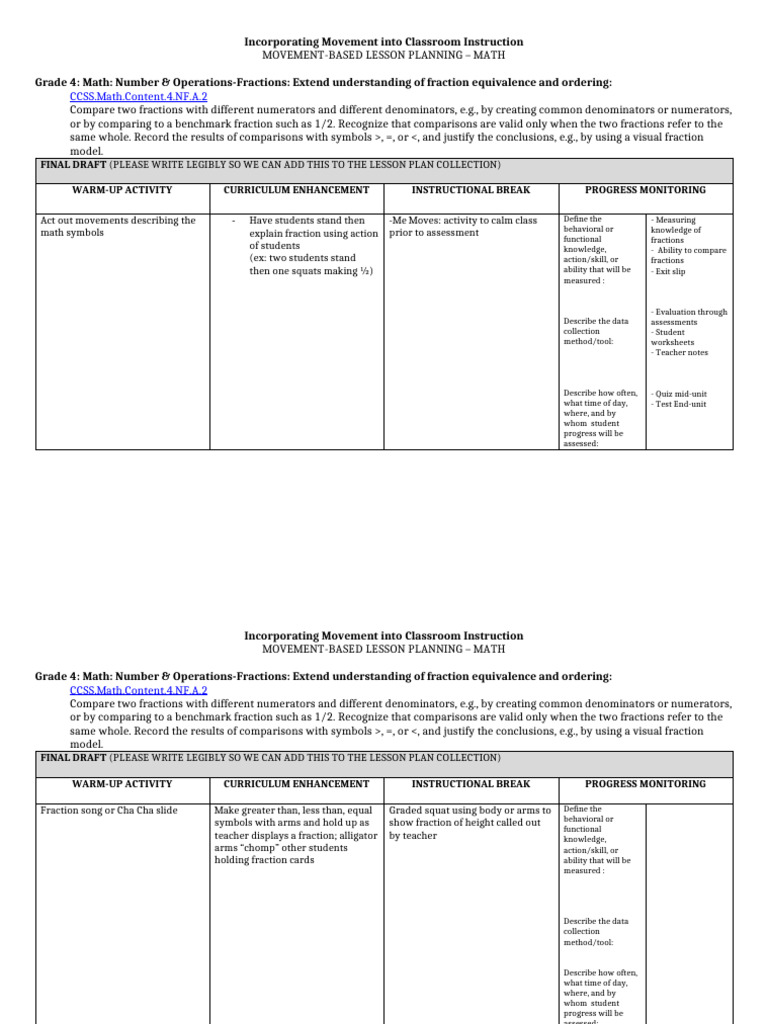Grade 4 Fractions with Movement | PDF | Learning | Elementary Mathematics