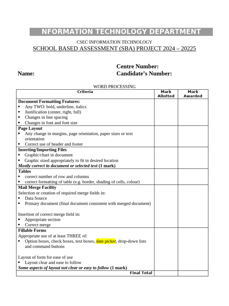 Information Technology Sba Mark Scheme 2021 To 2022 | PDF | Spreadsheet | Page Layout