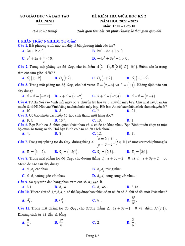 De Kiem Tra Giua Hoc Ky 2 Toan 10 Nam 2022 2023 So GDDT Bac Ninh | PDF