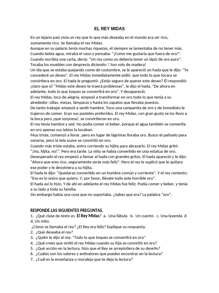 Pasos para Realizar La Lectura. El Rey Midas. | PDF