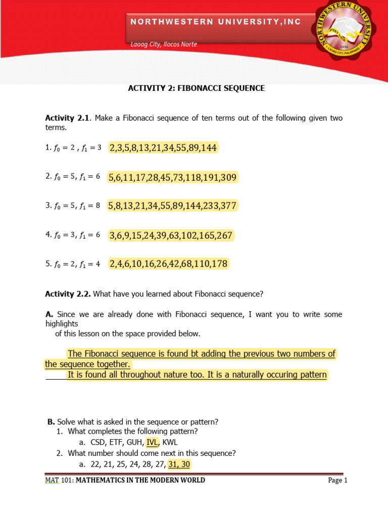 Activity 2. Fibonacci Sequence-3 | PDF | Ratio | Sequence