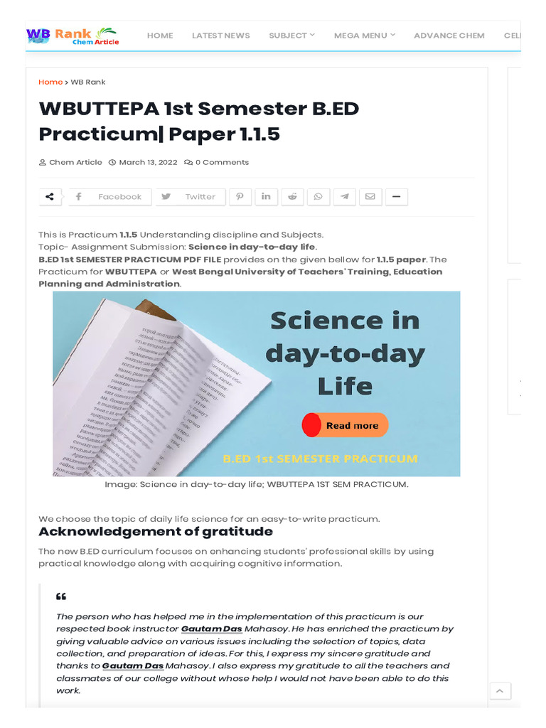 WBUTTEPA 1st Semester B.ed Practicum - Paper 1.1..5 | PDF | Science ...