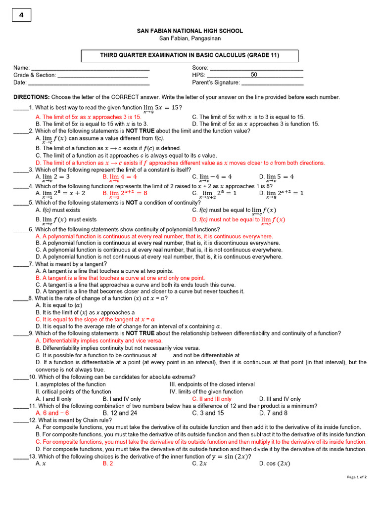 Basic - Cal Q3 Unit - Test Answer-Key | PDF | Tangent | Continuous Function