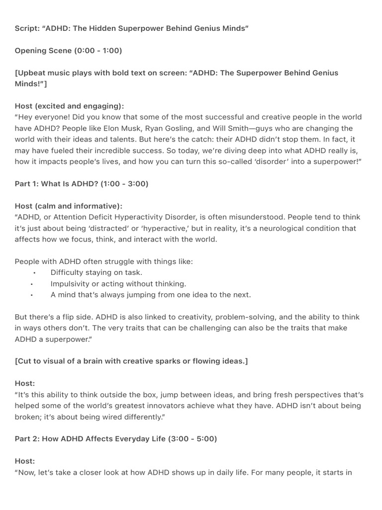 Script: "ADHD: The Hidden Superpower Behind Genius Minds" | PDF | Attention Deficit ...