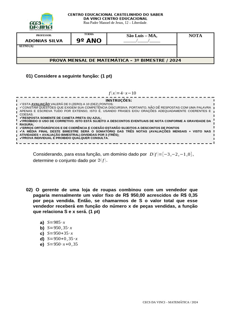 Prova de Matemática 9º Ano - 3º Bimestre | PDF | Função (Matemática ...