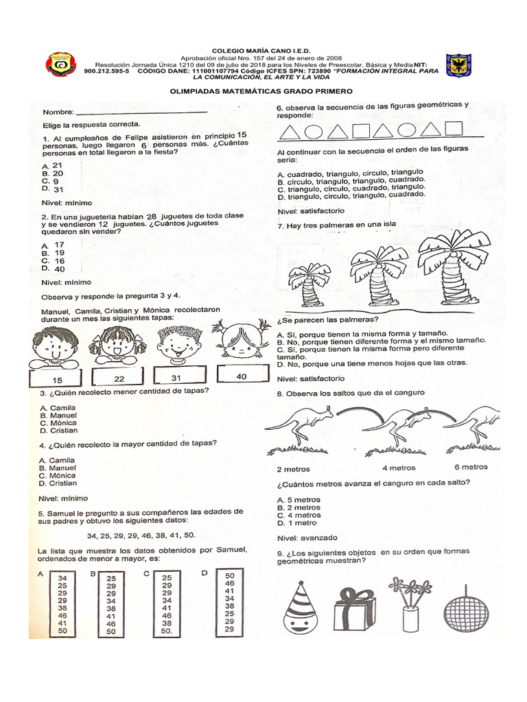 Olimpiadas N.1 Primero Primaria María Cano IED | PDF