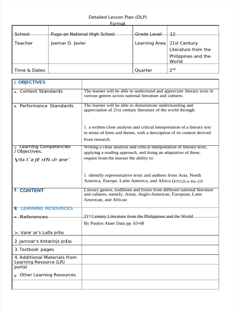 Grade 12 Literature Lesson Plan | PDF | Lesson Plan | Learning