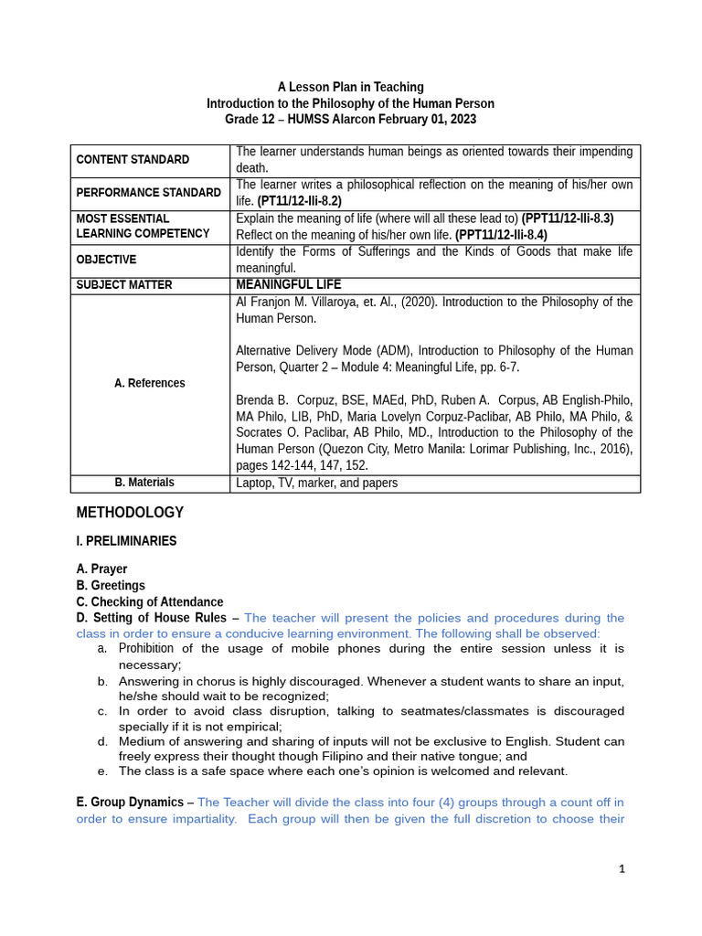 A Lesson Plan in PHILOSOPHY | PDF | Suffering | Constructivism ...