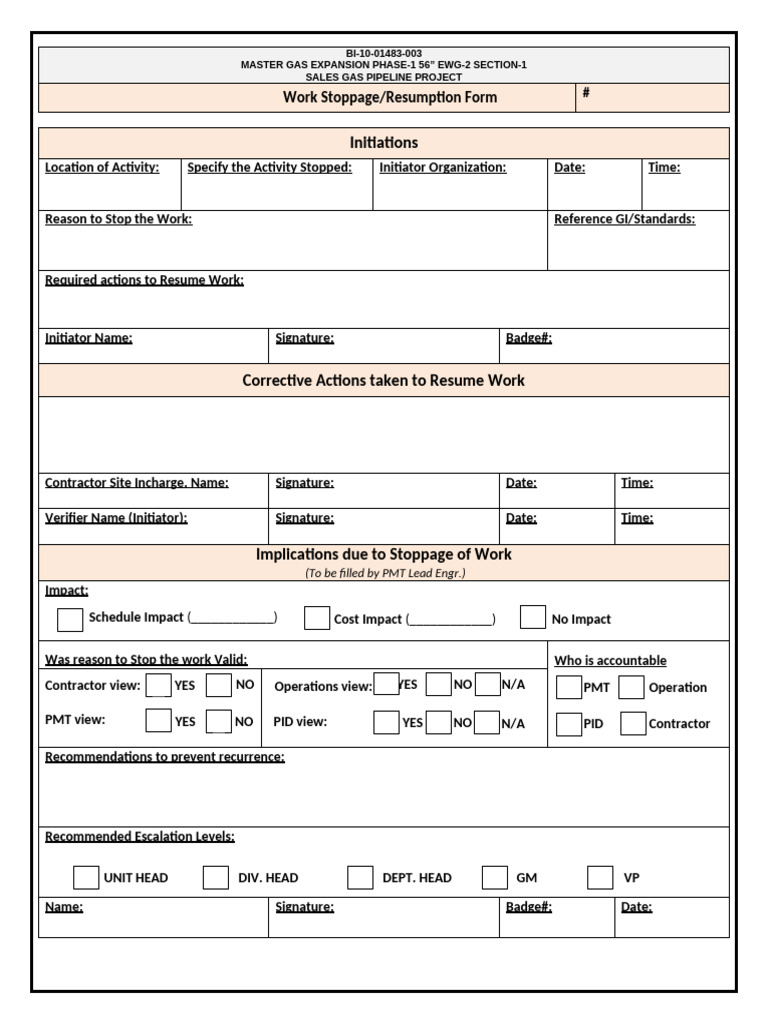 Work Stoppage and Resumption Template | PDF