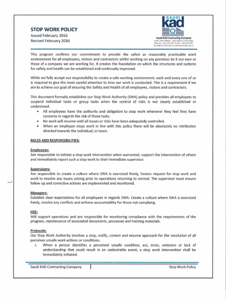 SK-Stop To Work Policy | PDF