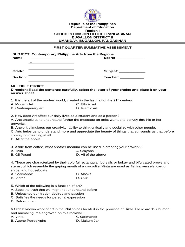 1ST Assessment Test in Cpar 24 25 | PDF | The Arts