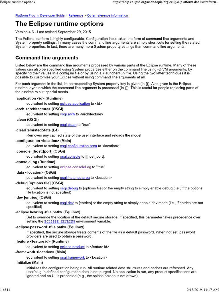Eclipse 4.6 Runtime Options Guide | PDF | Parameter (Computer Programming) | Command Line Interface