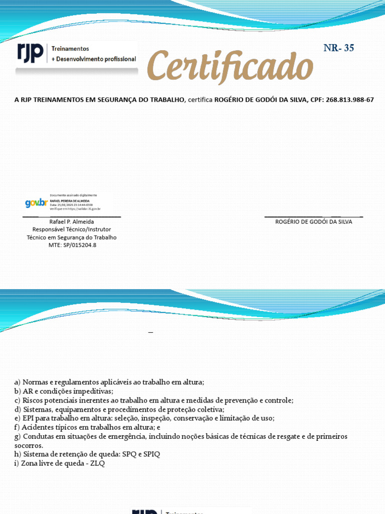Certificado NR 35 Rogerio de Godoi Da Silva Assinado | PDF