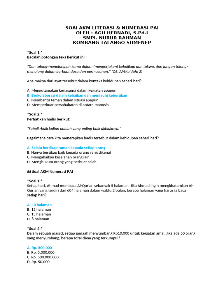 SOAl AKM LITERASI & NUMERASI PAI | PDF