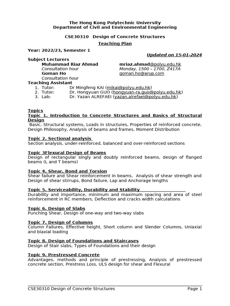 CSE30310 Teaching Plan (2024) | PDF | Beam (Structure) | Prestressed Concrete