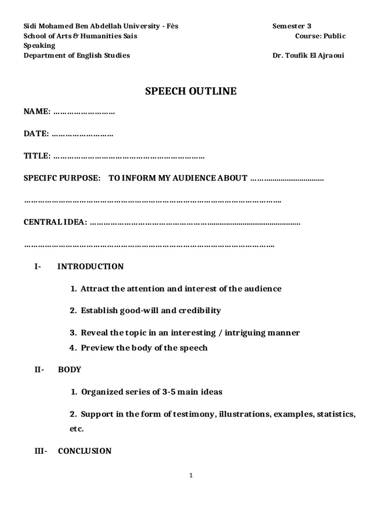 Public Speaking (Speech Outline and Script Template) Week 5 (S3) | PDF