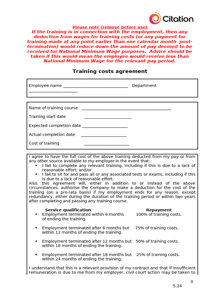 Training Costs Repayment Agreement | PDF | Employment | Wage