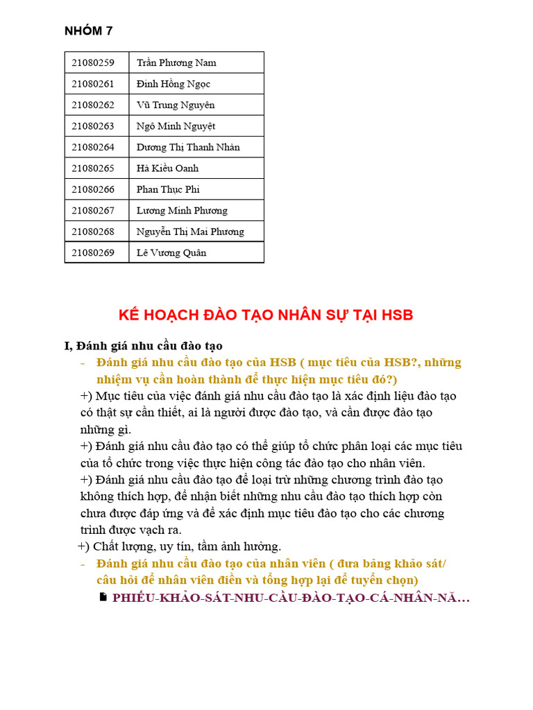 KẾ HOẠCH ĐÀO TẠO NHÂN SỰ TẠI HSB | PDF