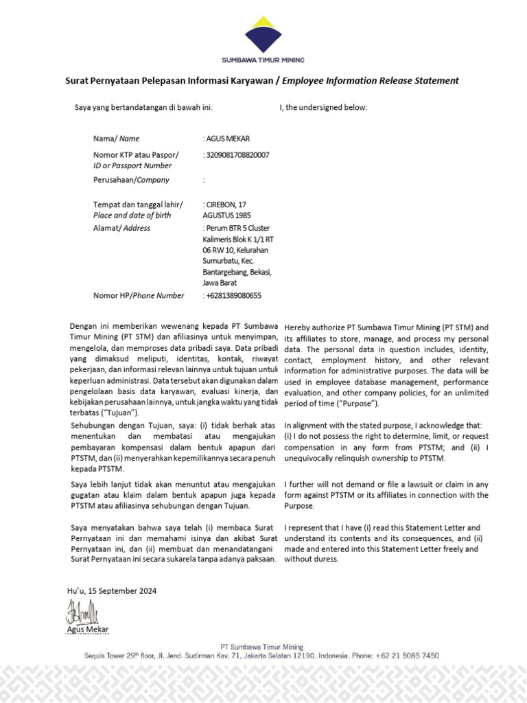 00-Employee _Information _Release_Statement_Kosongan_Agus Mekar | PDF
