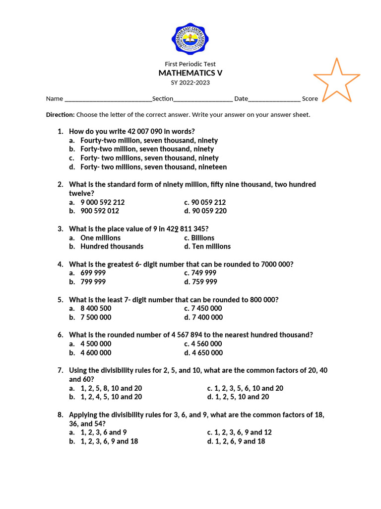 1st PERIODICAL TEST MATH 2022-2023 | PDF