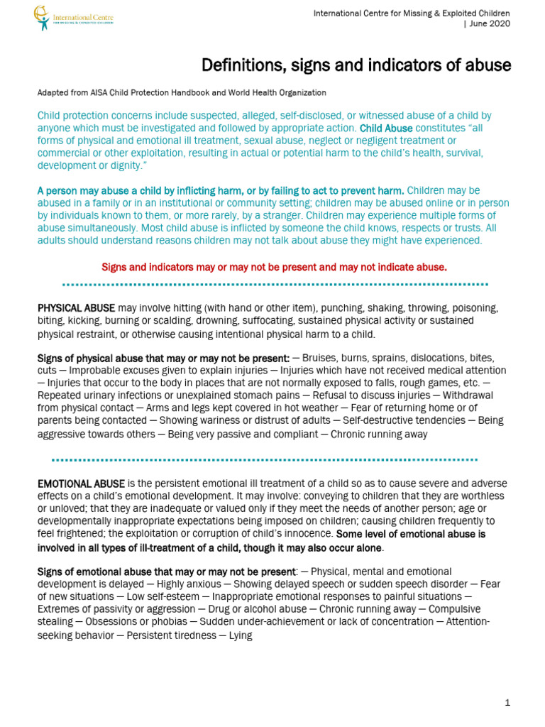 Forms of Abuse Definitions Signs and Indicators | PDF | Child Abuse | Sexual Abuse