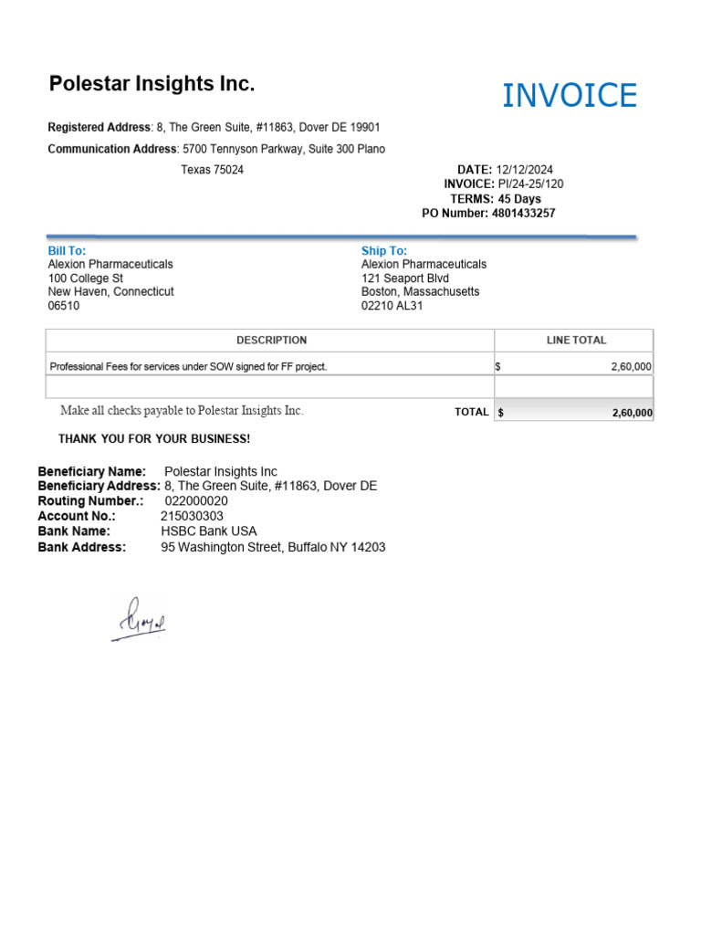 Polestar Invoice for Alexion Pharmaceuticals | PDF