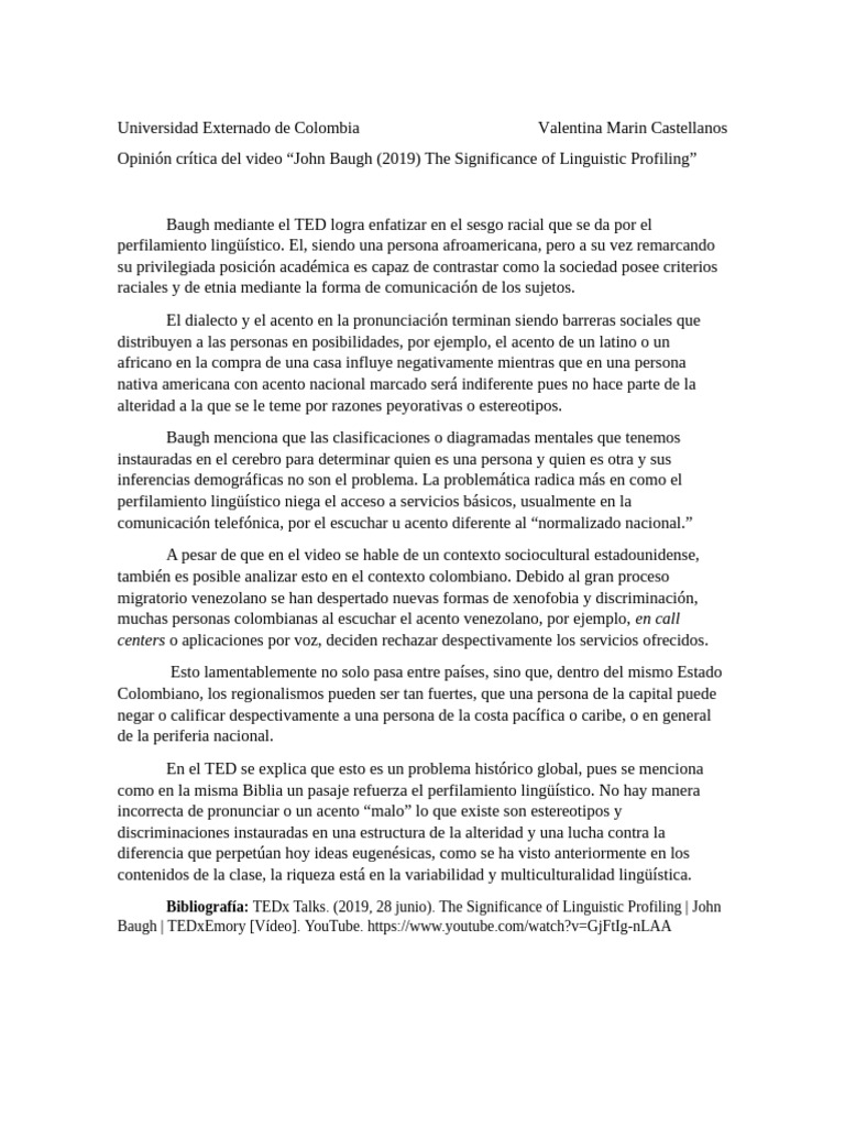 Opinión Crítica Del Video "John Baugh (2019) The Significance of Linguistic Profiling" | PDF ...