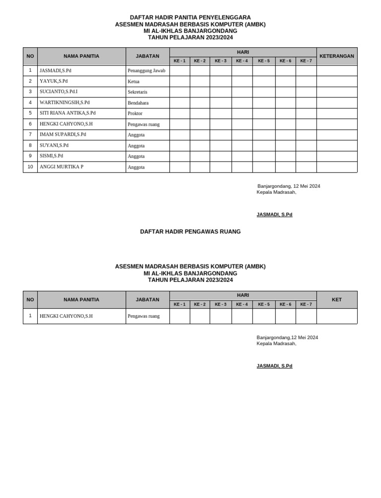 Daftar Hadir Panitia & Pengawas | PDF