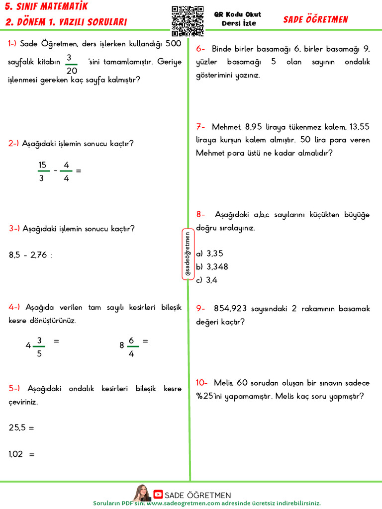 Sinif Matemati̇k 2. Dönem 1. Yazilisi | PDF