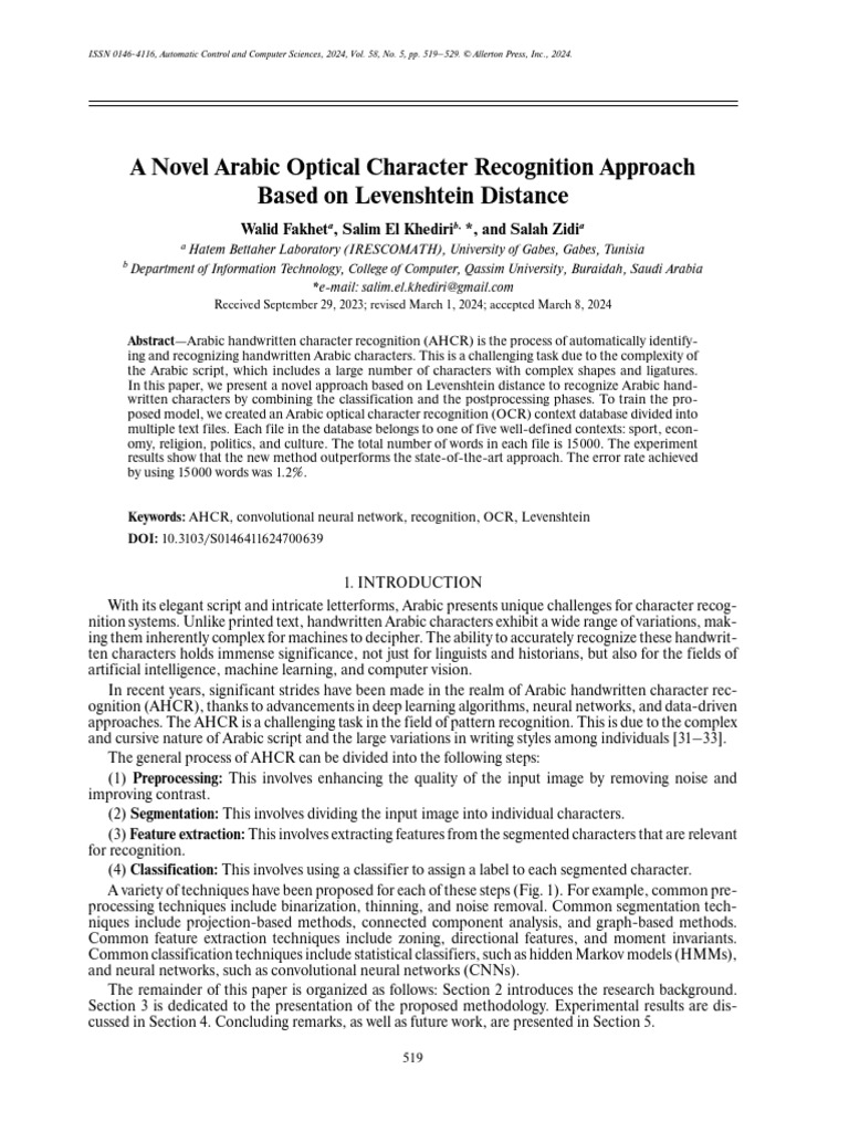 A Novel Arabic Optical Character Recognition Approach Based on Levenshtein Distance | PDF ...