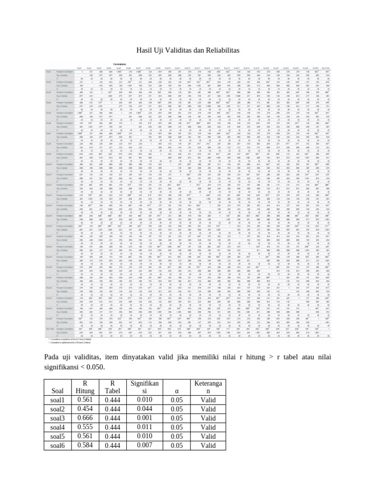 6960 Diana Lestari Hasil Uji Validitas Dan Reliabilitas | PDF