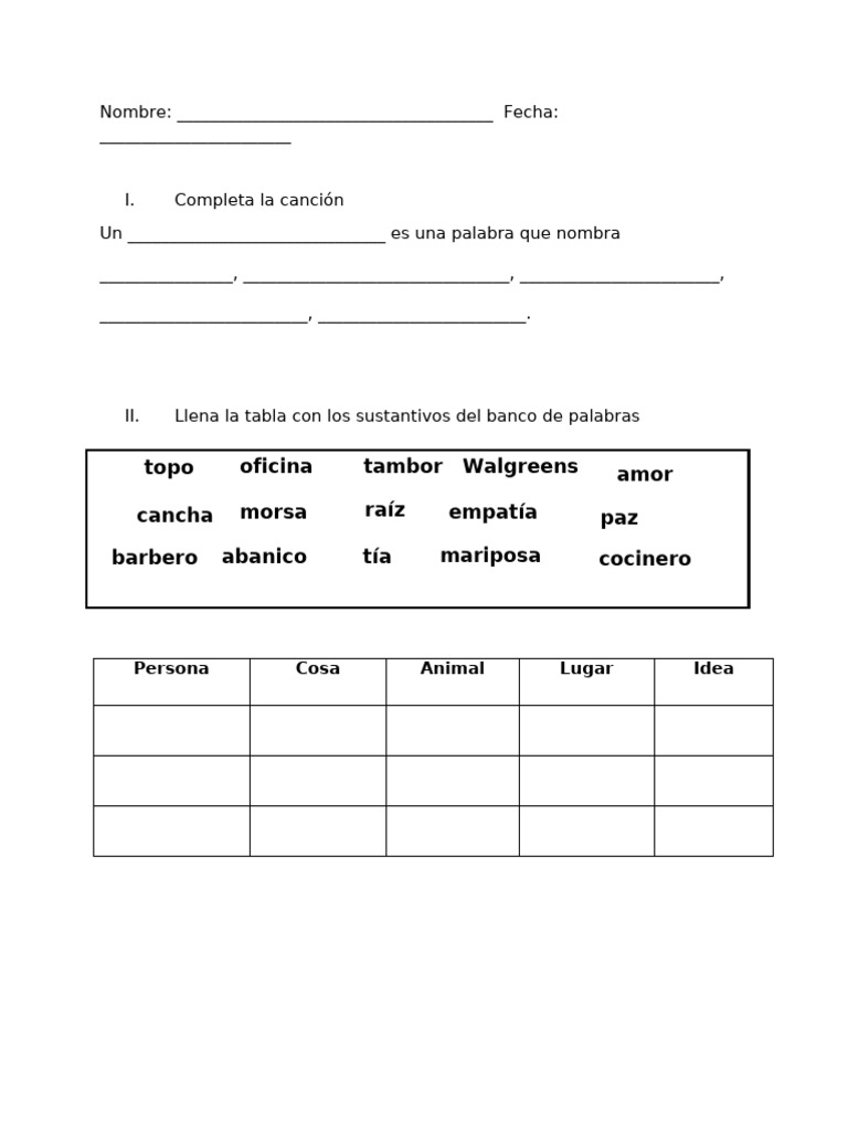 Actividades de Sustantivos para Estudiantes | PDF